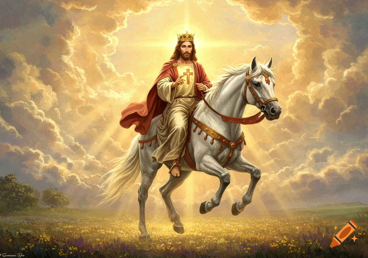Majestic depiction of Jesus, wearing a crown and red robe, riding a ...
