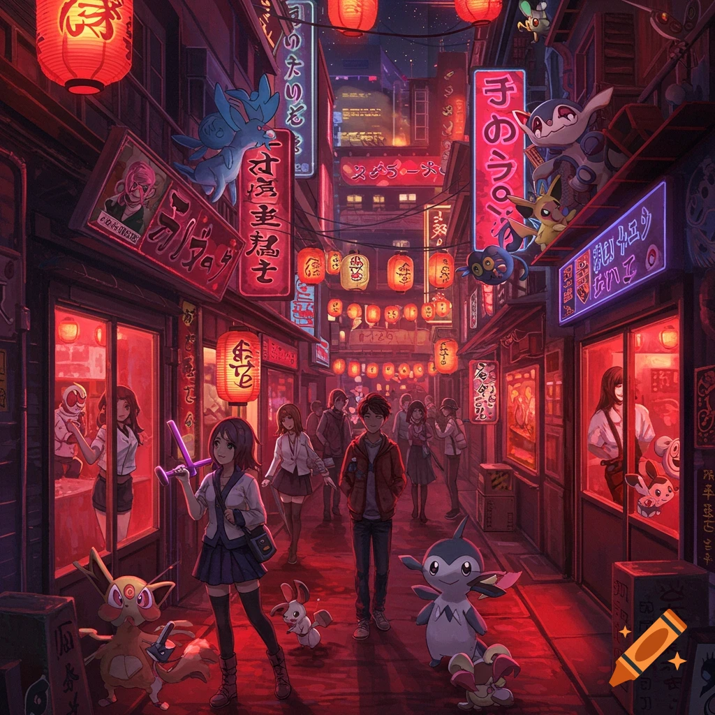 Anime street scene at night, lit by red lanterns and neon signs, with ...