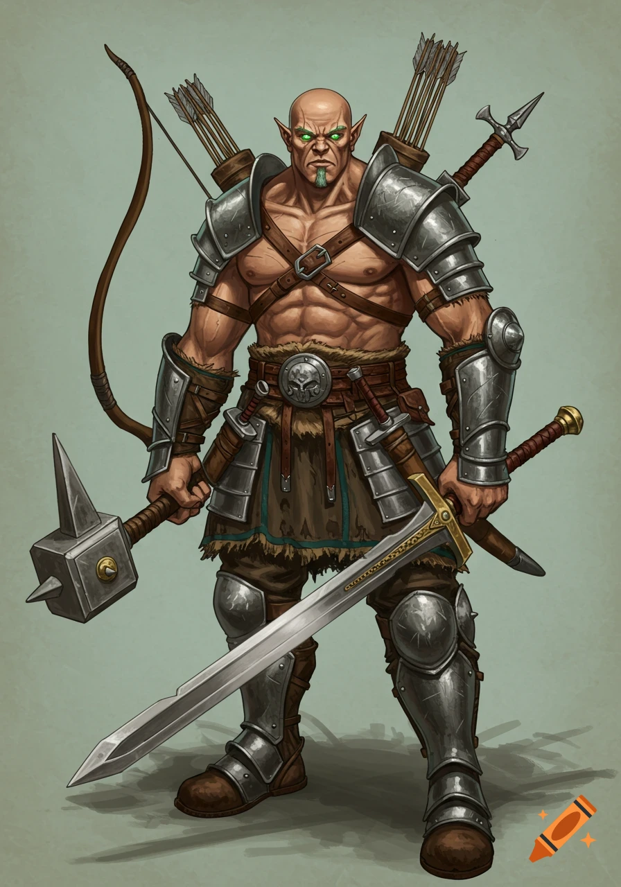 A bald, muscular fantasy warrior with green eyes and pointed ears, wearing armor, holding a ...