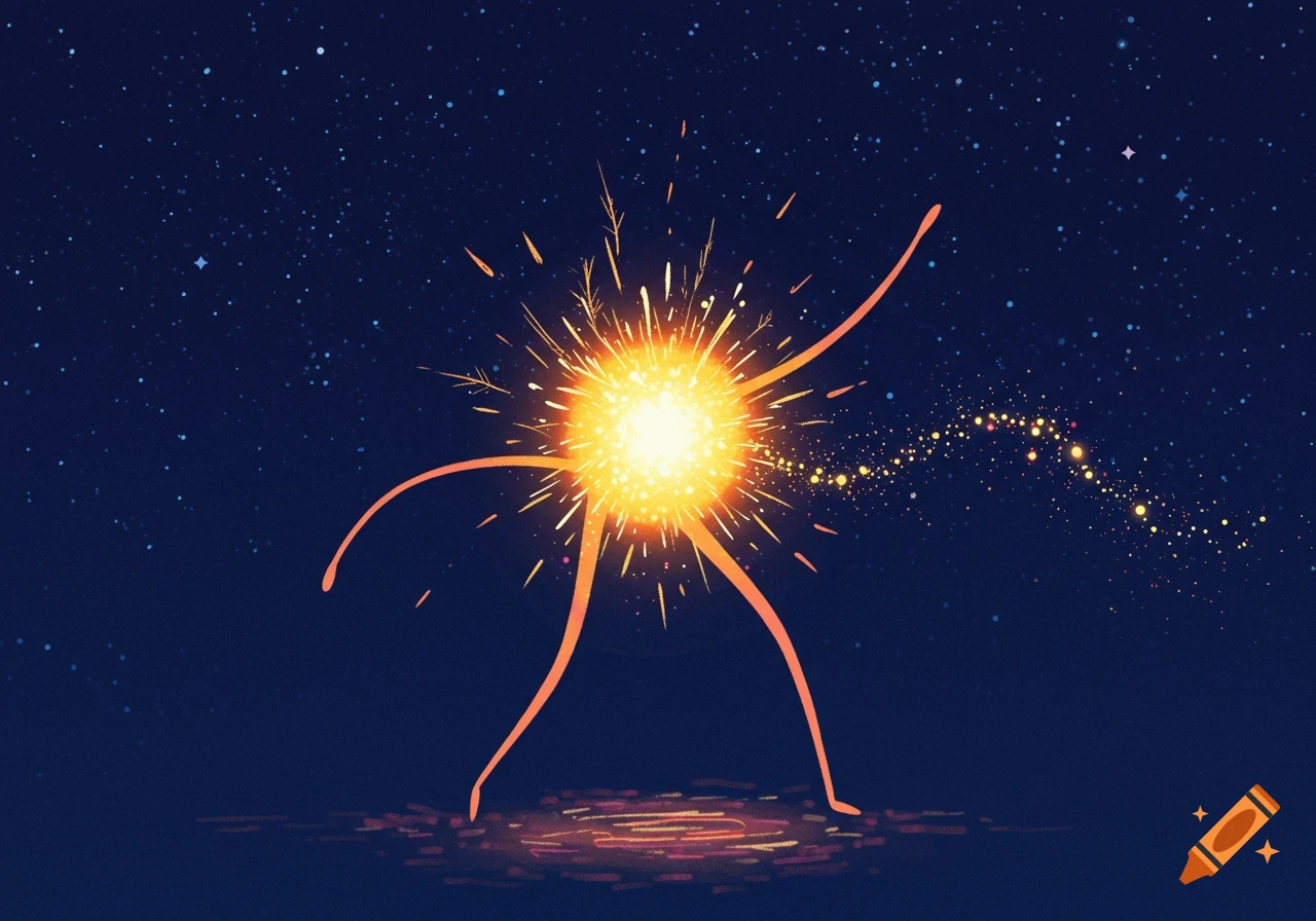 A vibrant spark creature with thin orange legs stands on a reflective ...