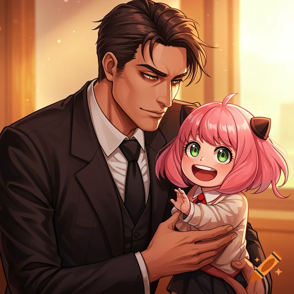 Anime illustration of Loid Forger holding a smiling Anya Forger. on Craiyon