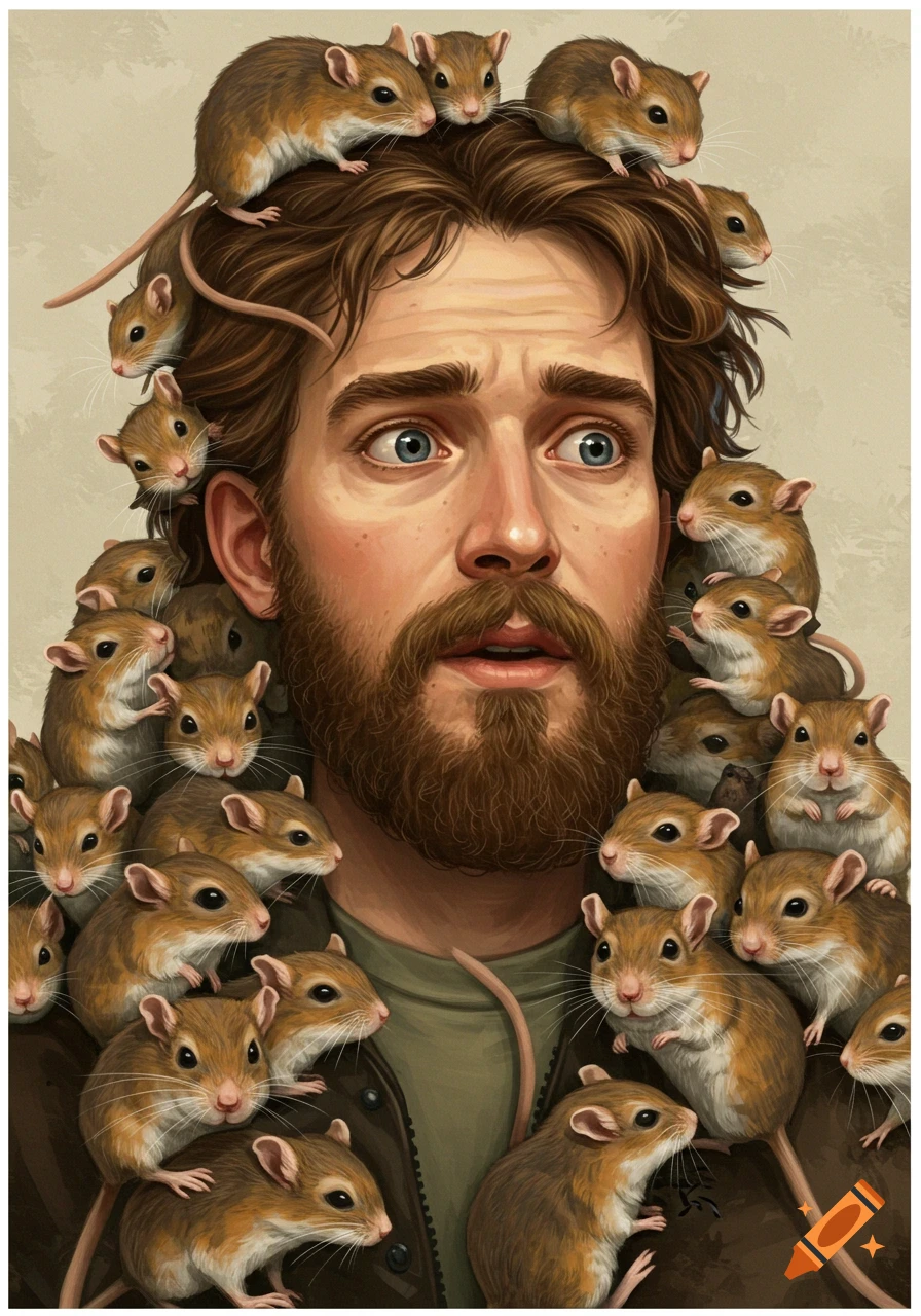 A bearded man looks distressed while covered head to chest in dozens of ...