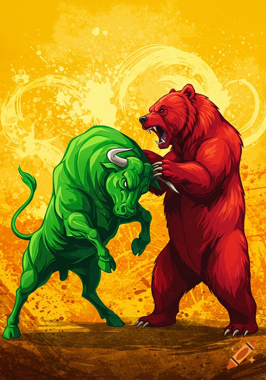 A stylized illustration of a green bull confronting a red bear on a ...