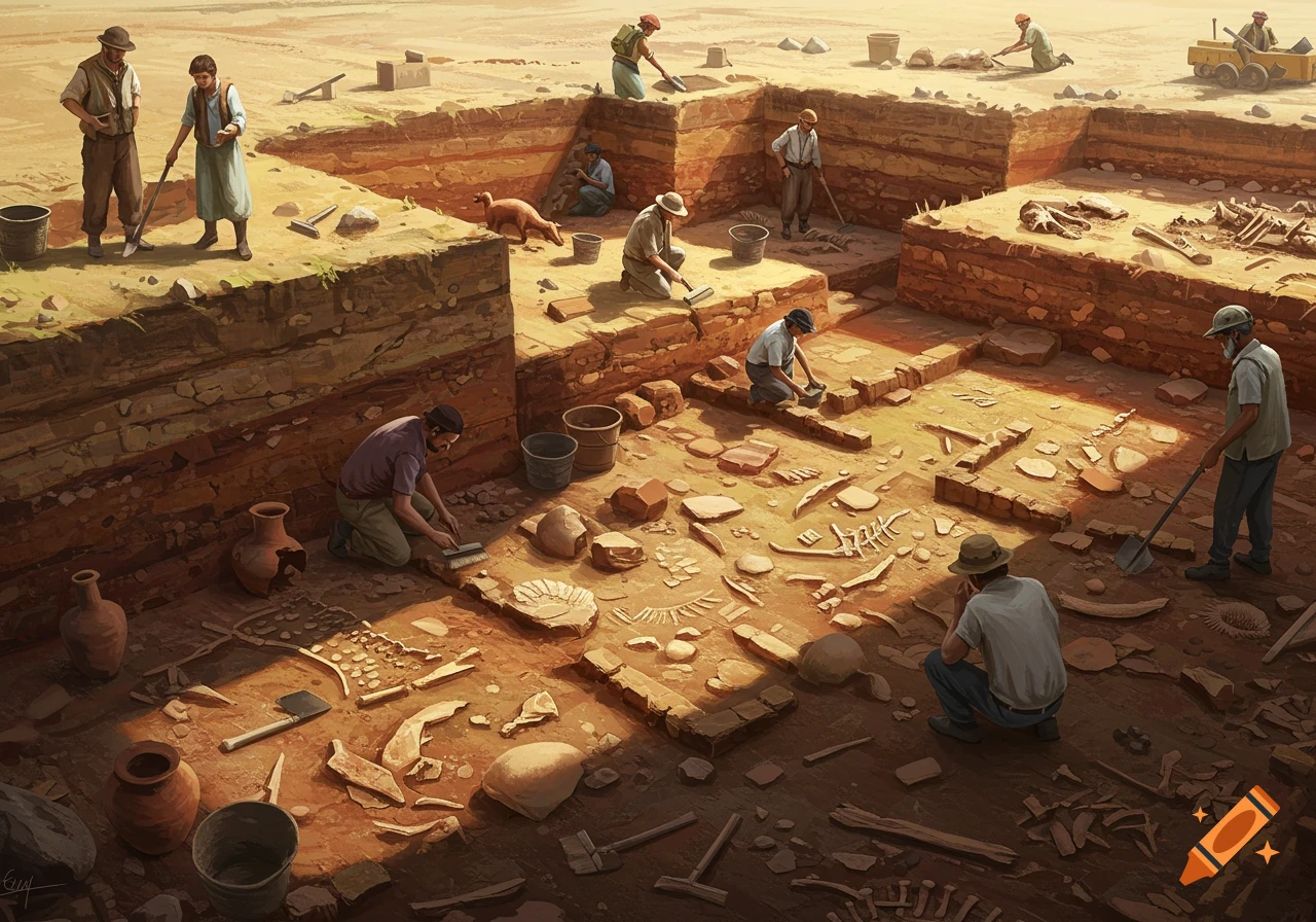 Archaeologists excavate a desert dig site, unearthing ancient bones ...