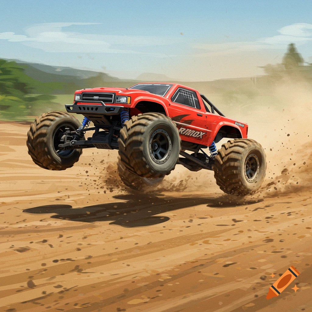 Red monster truck jumps over a dirt track, kicking up dust in a digital ...