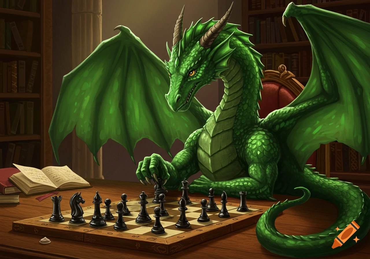 A detailed green dragon playing chess at a wooden table in a library ...