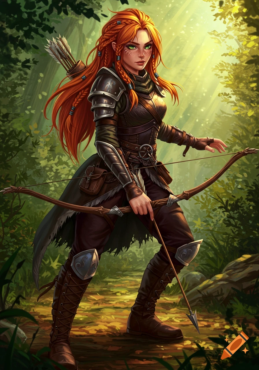 A red-haired female fantasy archer in detailed armor holds a bow and ...