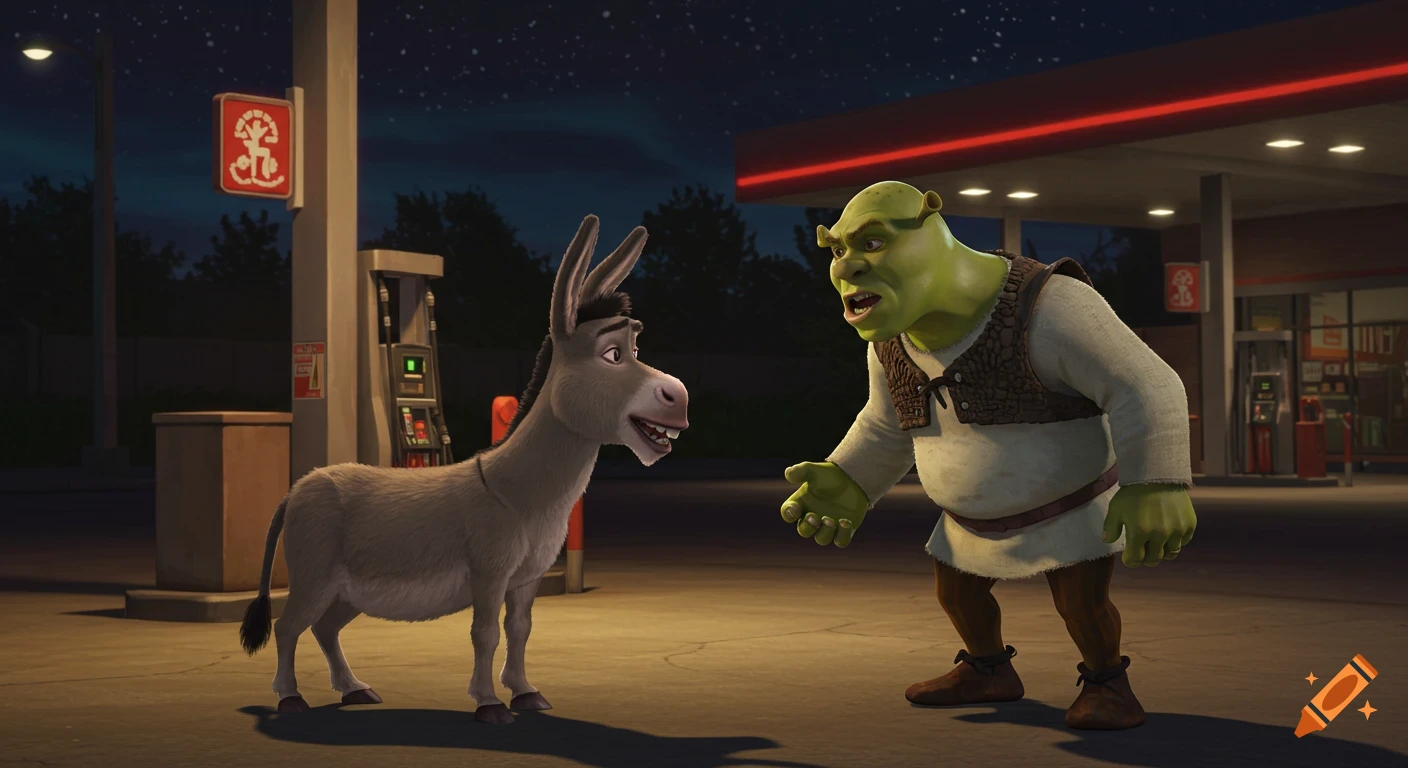 Shrek and Donkey arguing at a modern gas station at night in an ...