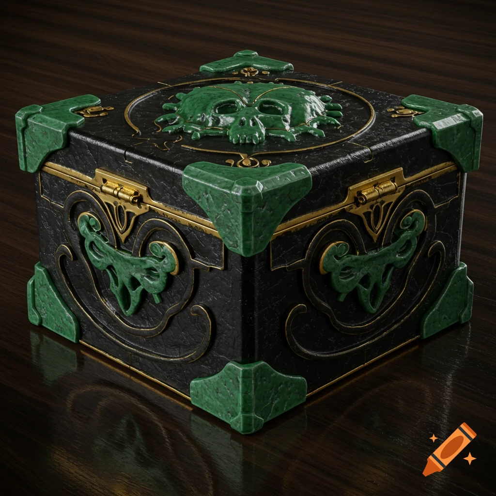 A black obsidian puzzle box with green jade corner pieces and golden ...