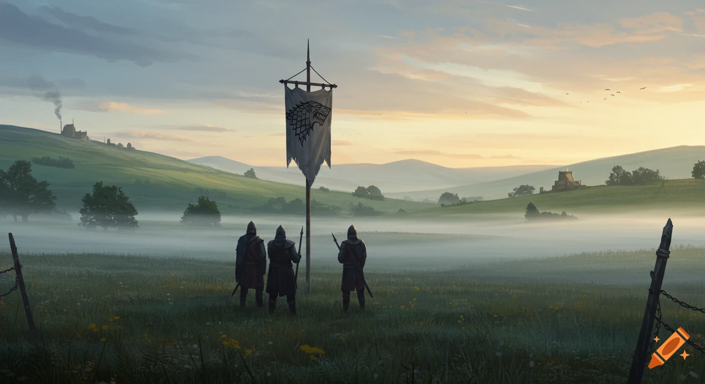 Three medieval guards stand in a misty, hilly field at sunrise with a ...