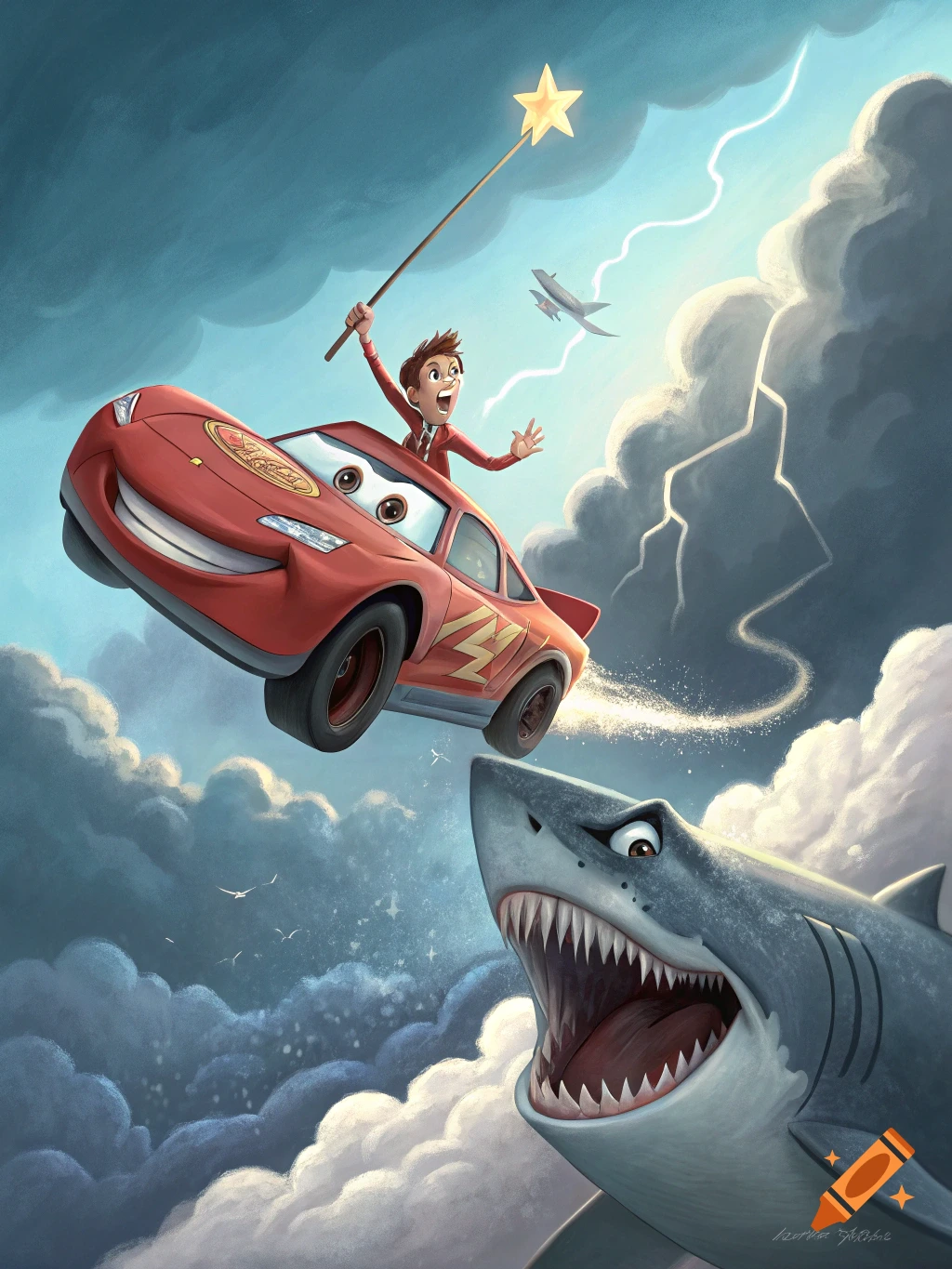 A cartoon illustration shows Lightning McQueen, driven by a boy holding ...