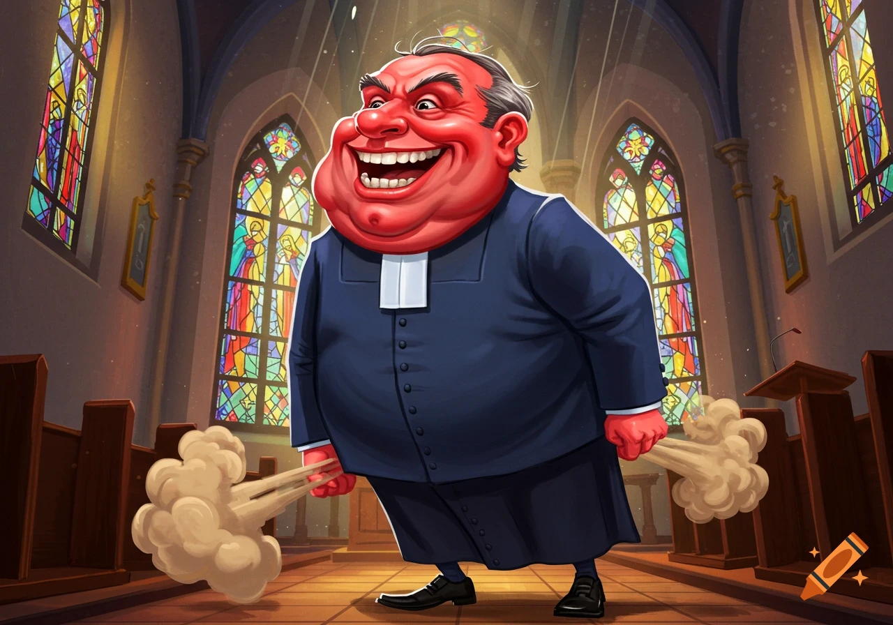 A jovial, red-faced cartoon preacher farts comically in a church, with ...