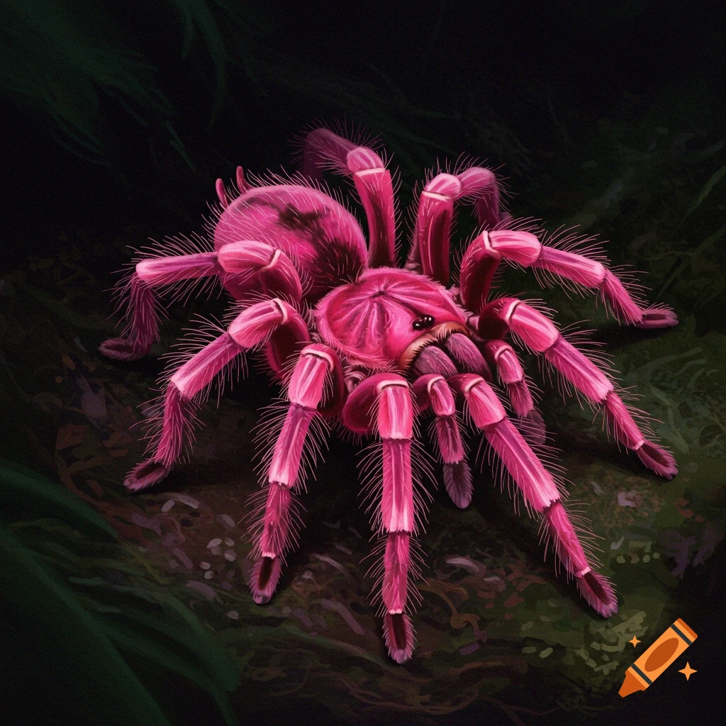 A vibrant pink tarantula with hairy legs sits on a dark, leafy background. on Craiyon
