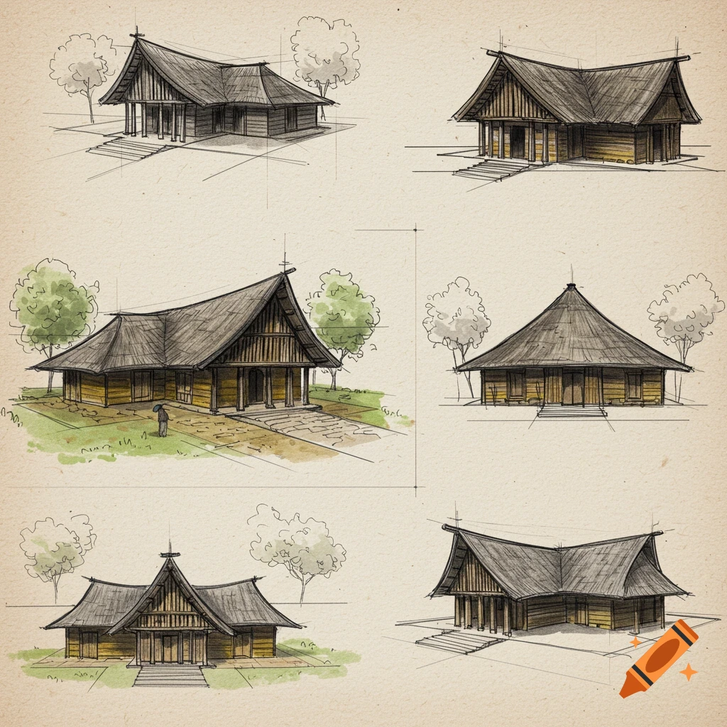 Multiple hand-drawn architectural sketches of buildings with pitched ...