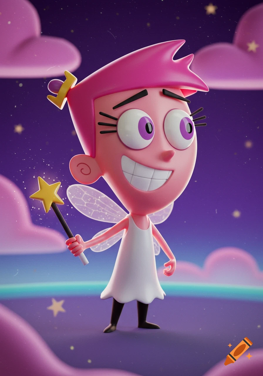 A 3D render of a cheerful pink-haired fairy, Cosmo from Fairly Odd ...
