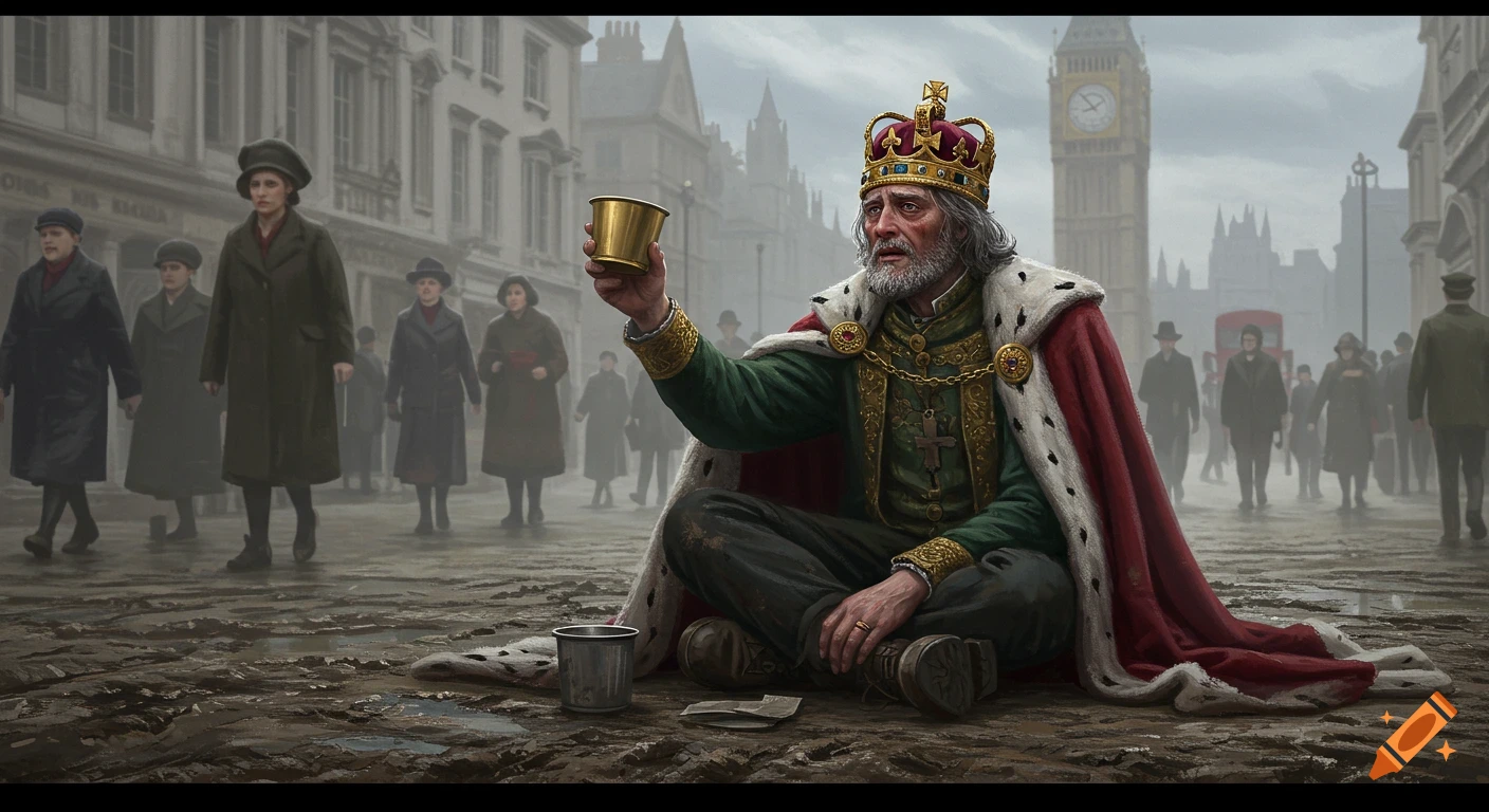 An old king in royal robes sits on a muddy street, holding a golden cup ...