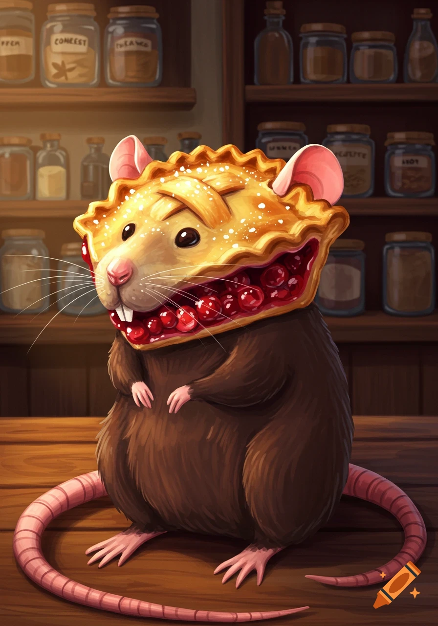 A whimsical illustration of a brown rat with a cherry pie for a head ...