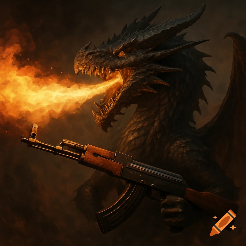 A dark fantasy dragon spitting fire while holding an AK47 assault rifle ...