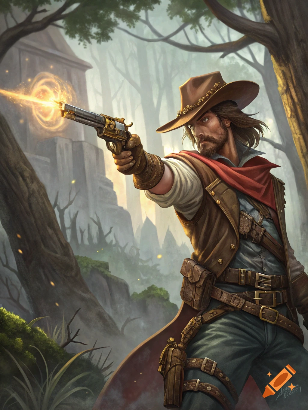 A medieval-style cowboy with a beard and hat fires a glowing magic ...