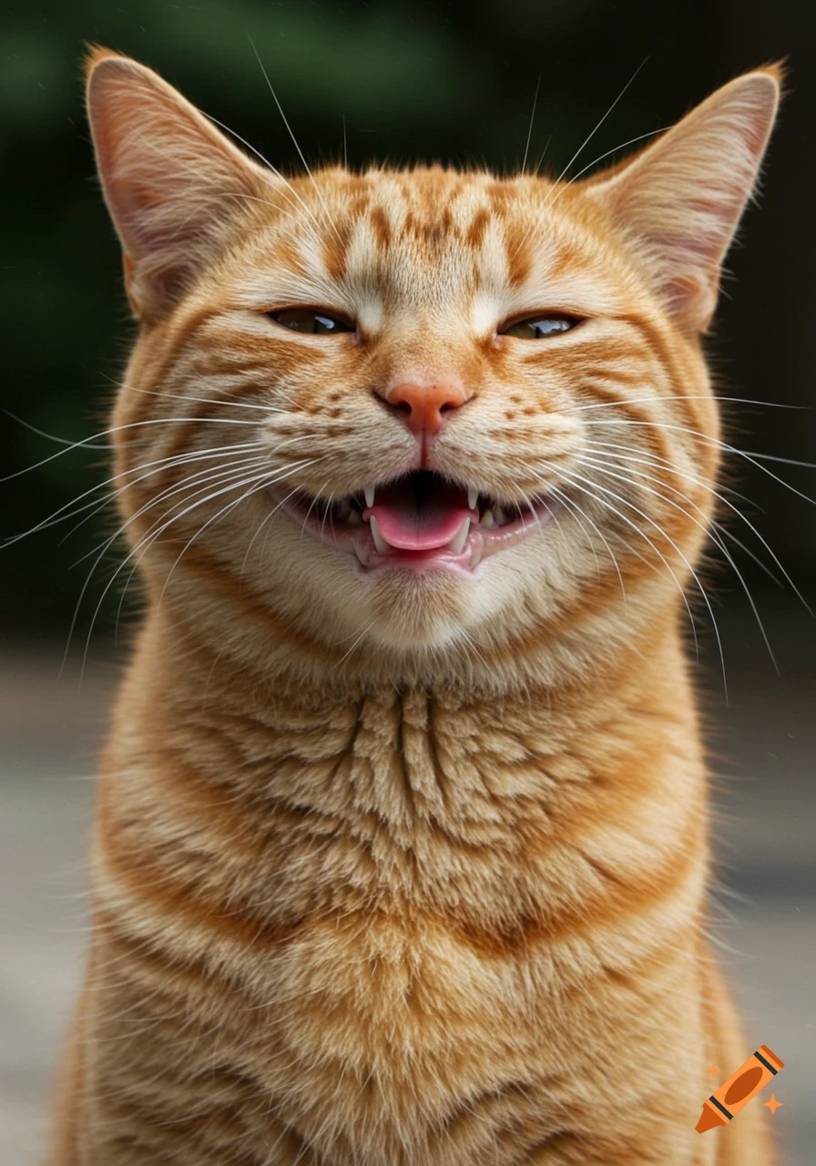 Close-up photorealistic portrait of a smiling orange tabby cat showing ...