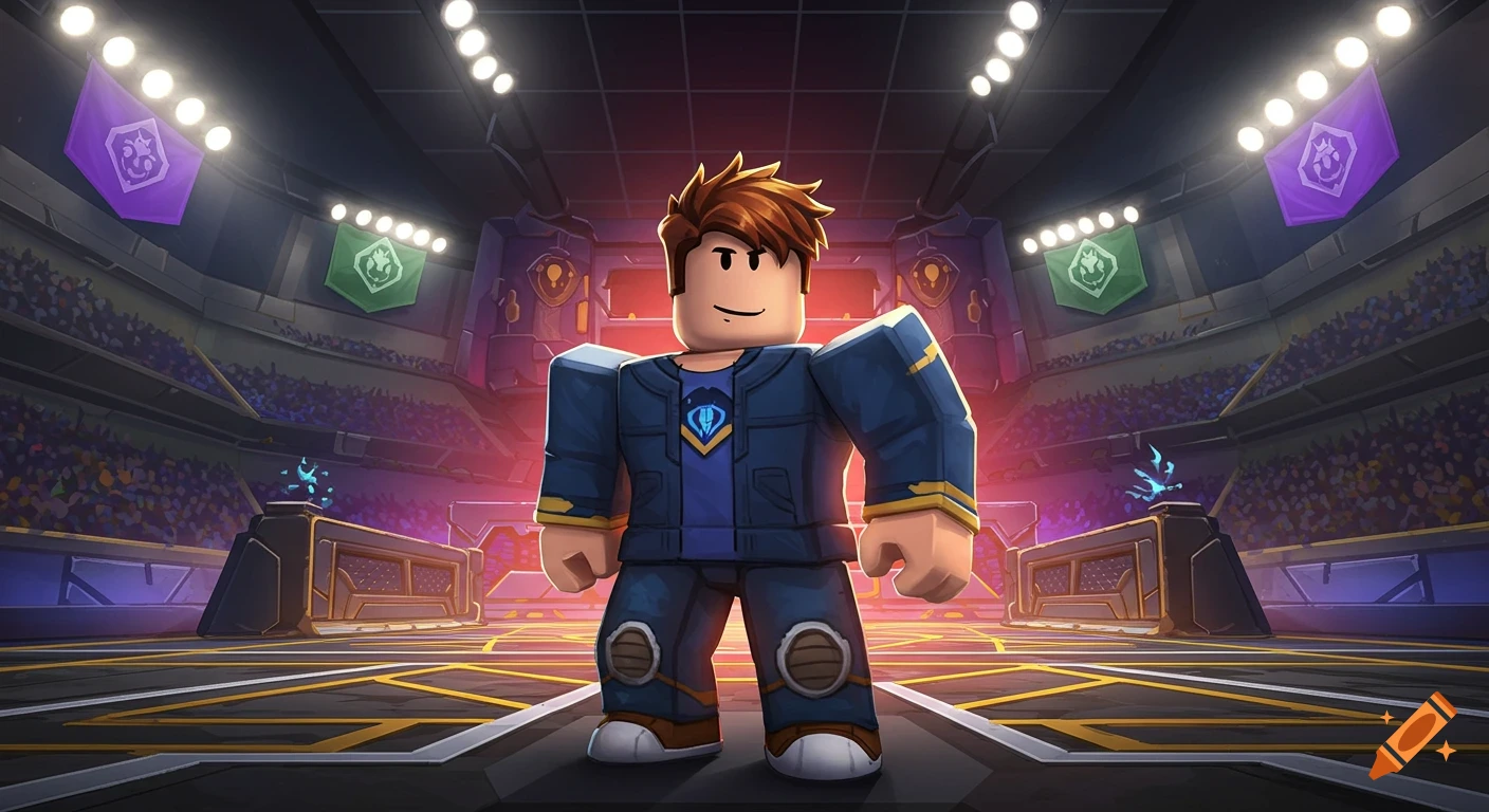 A Roblox character stands in the center of a brightly lit arena with a ...