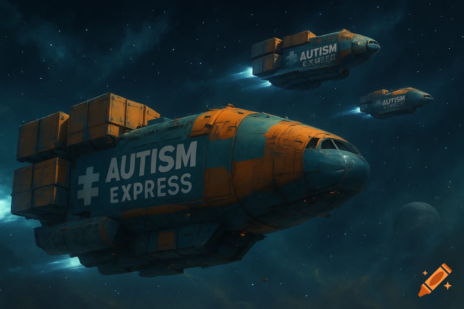 Three futuristic spaceships, painted orange and teal, fly through deep ...