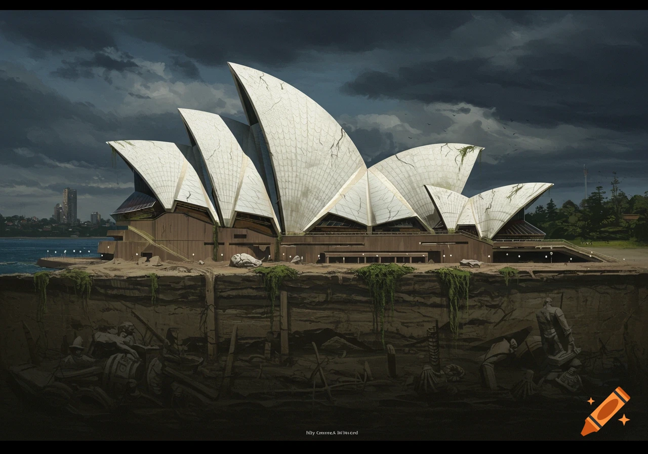 Dilapidated Sydney Opera House under a dark sky, with an underground ...