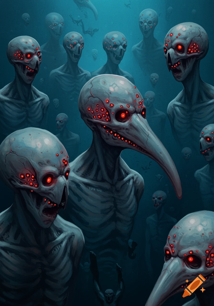 A creepy scene with multiple humanoid figures featuring elongated ...