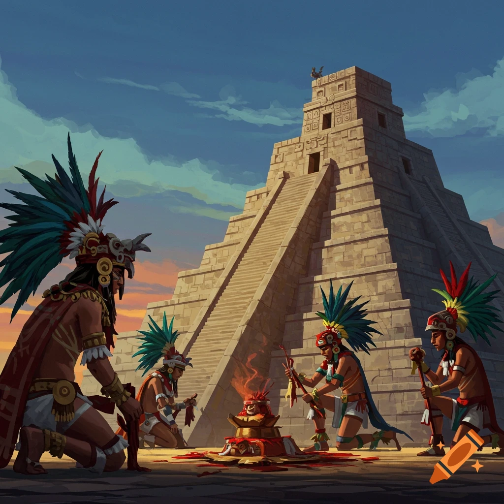 People in ceremonial attire perform a ritual in front of a large stone ...