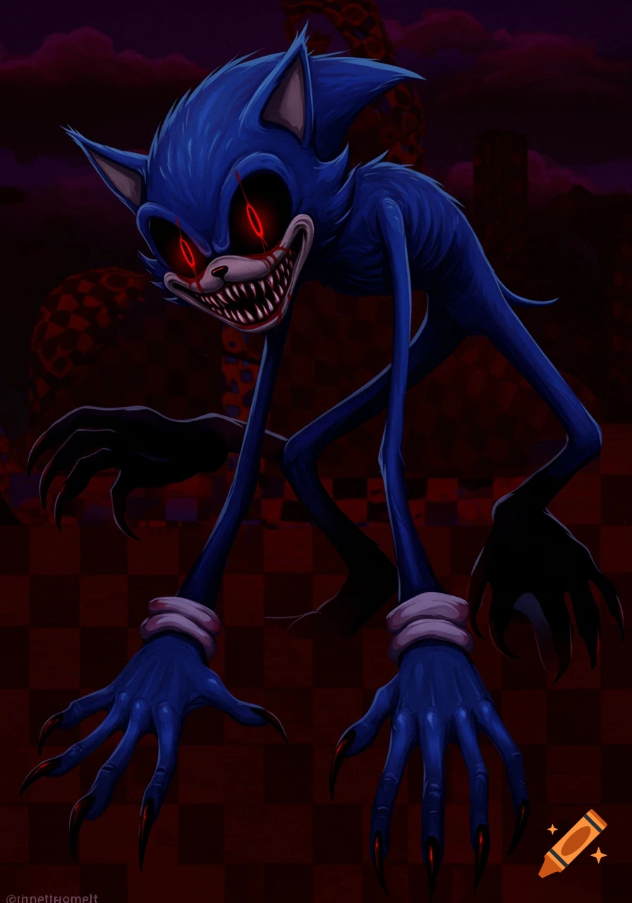 A creepy, elongated blue monster resembling Sonic.exe with glowing red ...