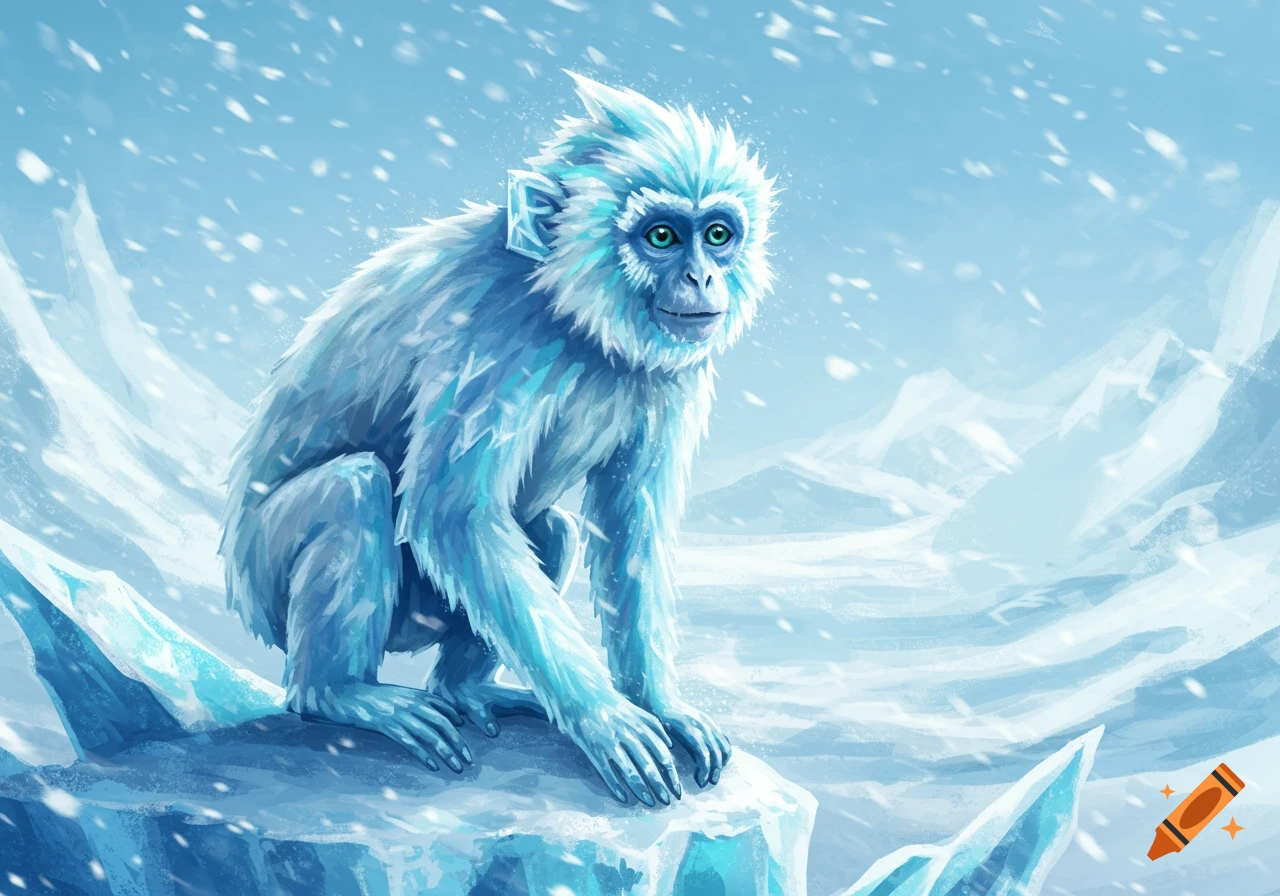 A stylized ice monkey with green eyes sits on a blue ice formation in a ...