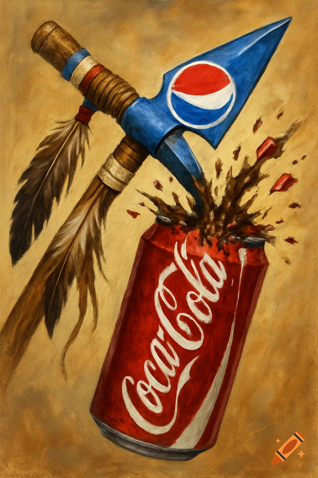 A blue tomahawk with a Pepsi logo, adorned with feathers, pierces a red ...