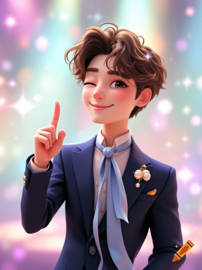 A cute 3D-rendered male character in a navy suit winks and points, set ...