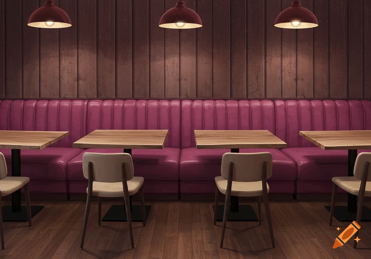 An empty restaurant interior featuring a long, dark fuchsia channeled ...