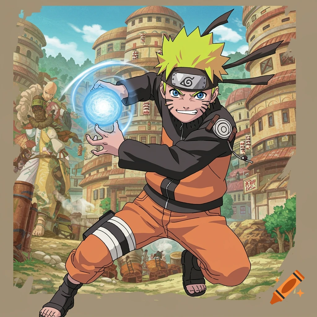 Naruto Uzumaki in an action pose, preparing a Rasengan, against a ...