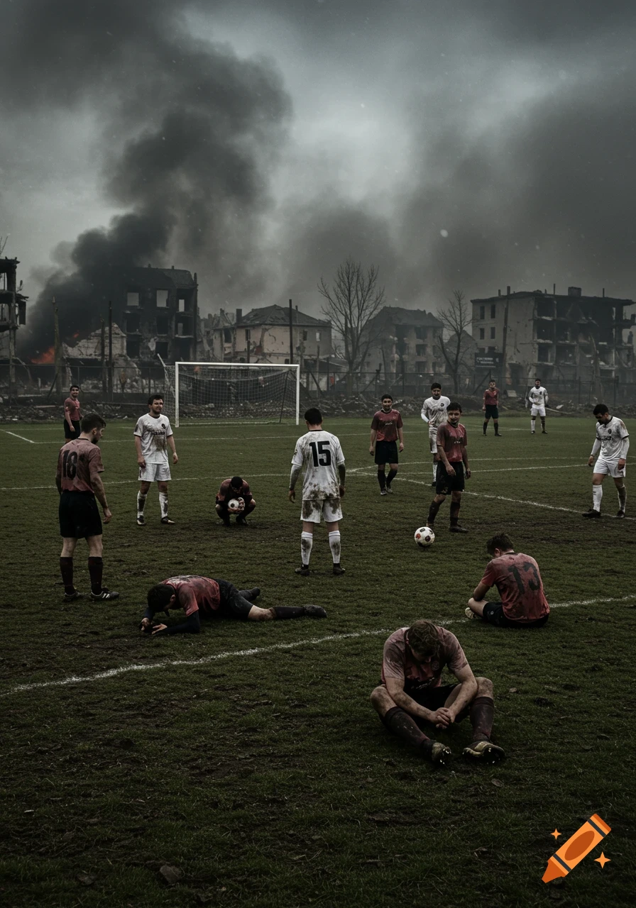 Soccer players on a muddy field with destroyed buildings and smoke in ...