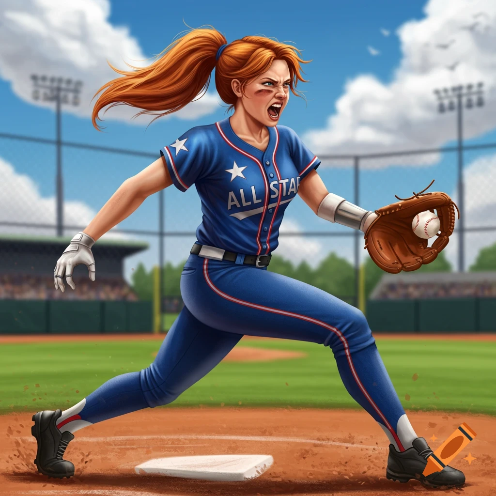 A red-haired female baseball player in an all-star jersey slides into a ...