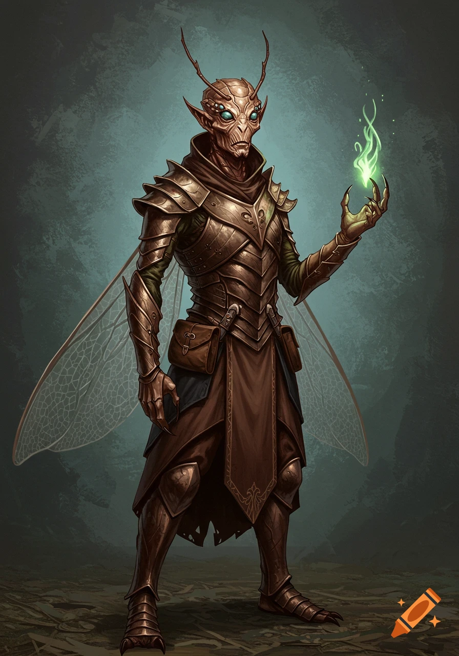 Insectoid figure in bronze armor with transparent wings and antennae ...