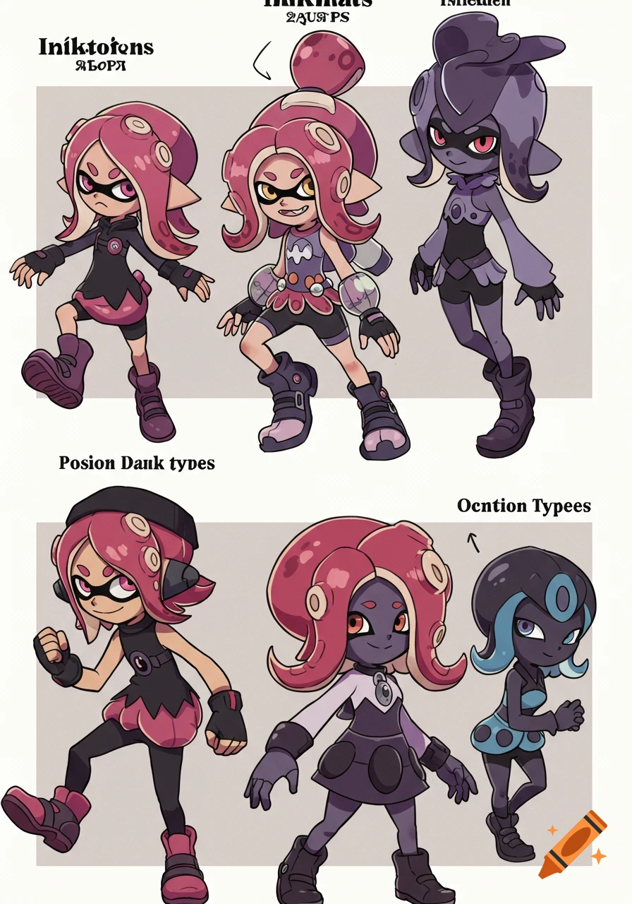 Six cartoon characters resembling inkling and octoling Pokemon ...