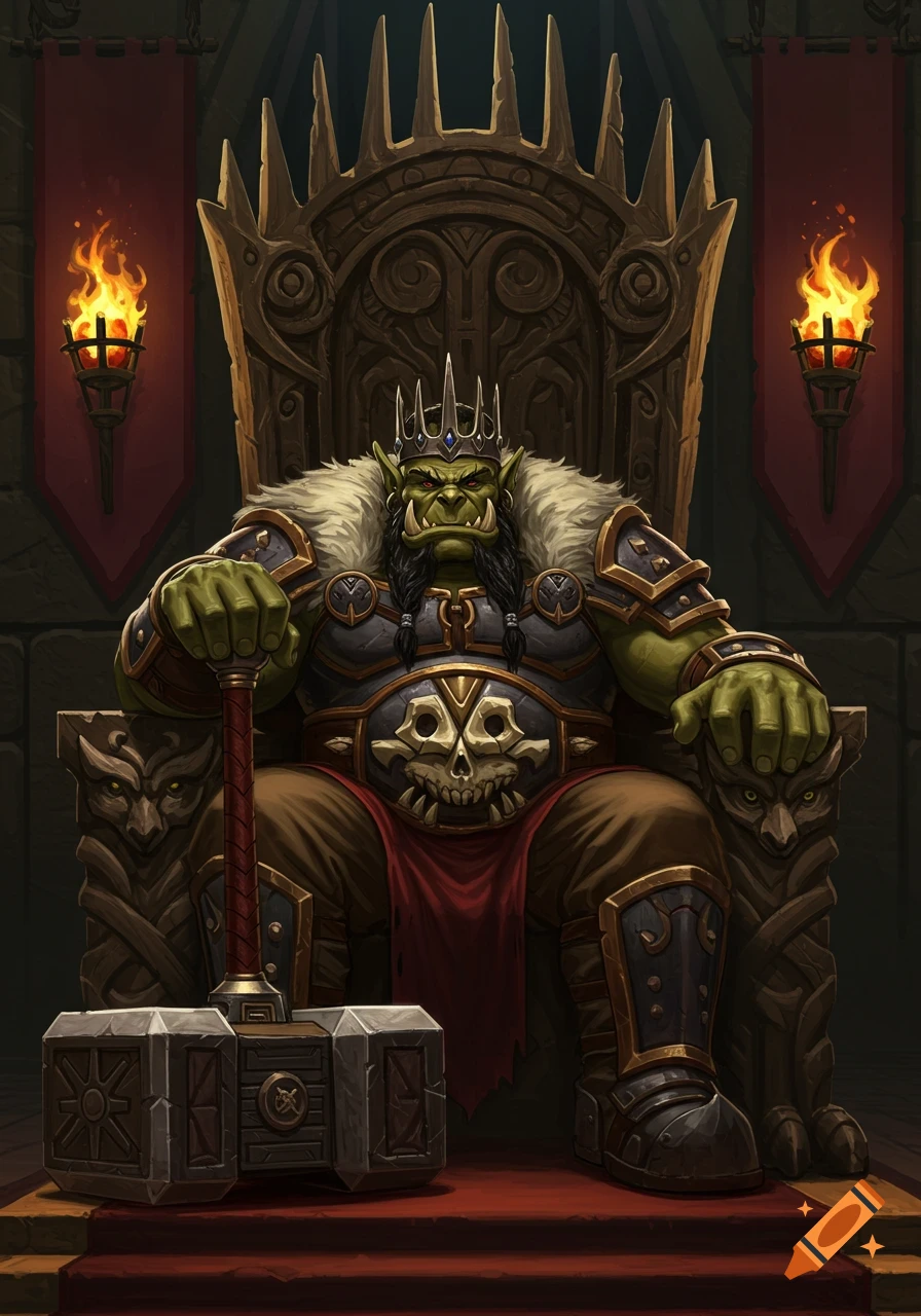A powerful orc king with green skin and a crown sits on an ornate ...