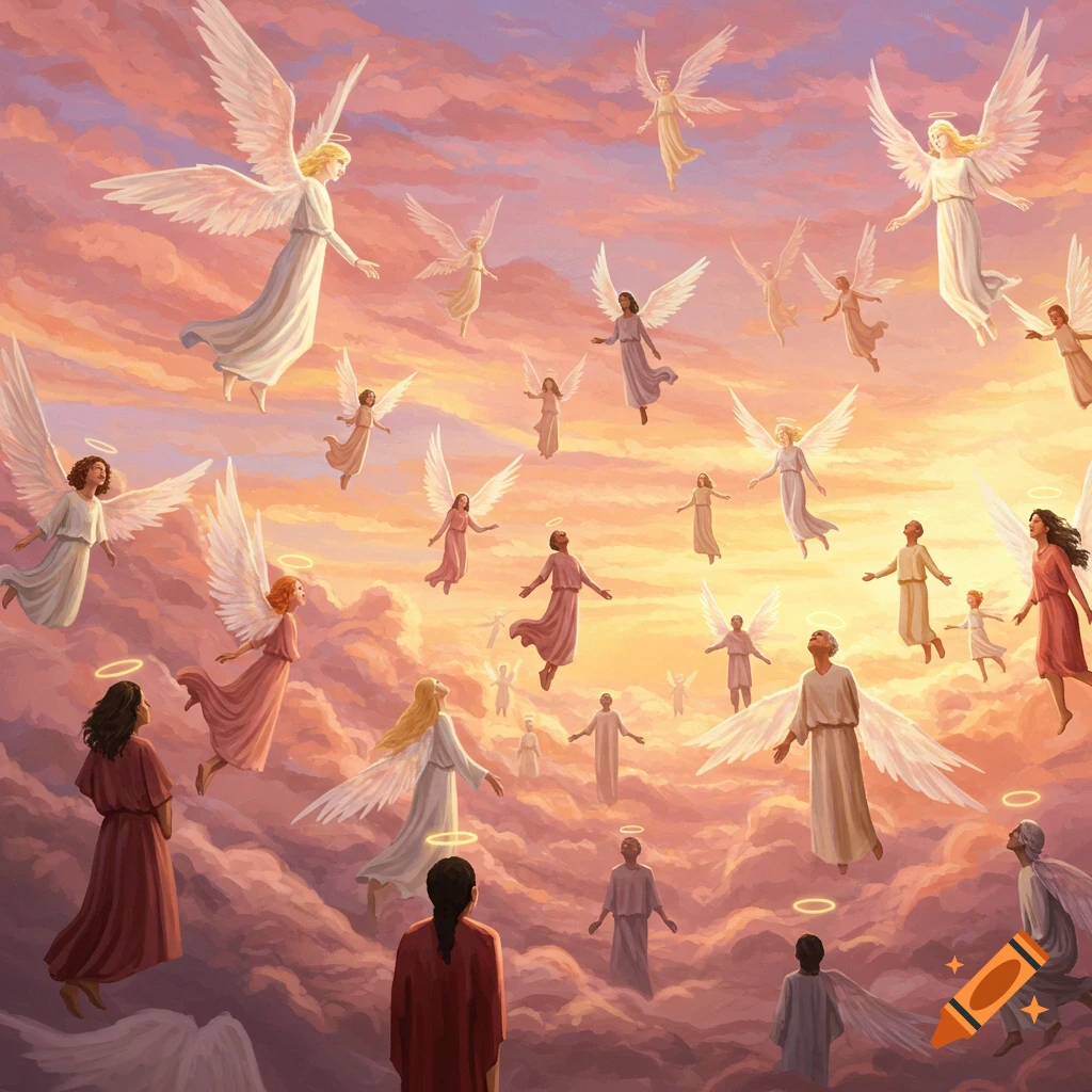 Numerous angels with wings and halos ascending into a vibrant, cloudy sky at sunset. on Craiyon