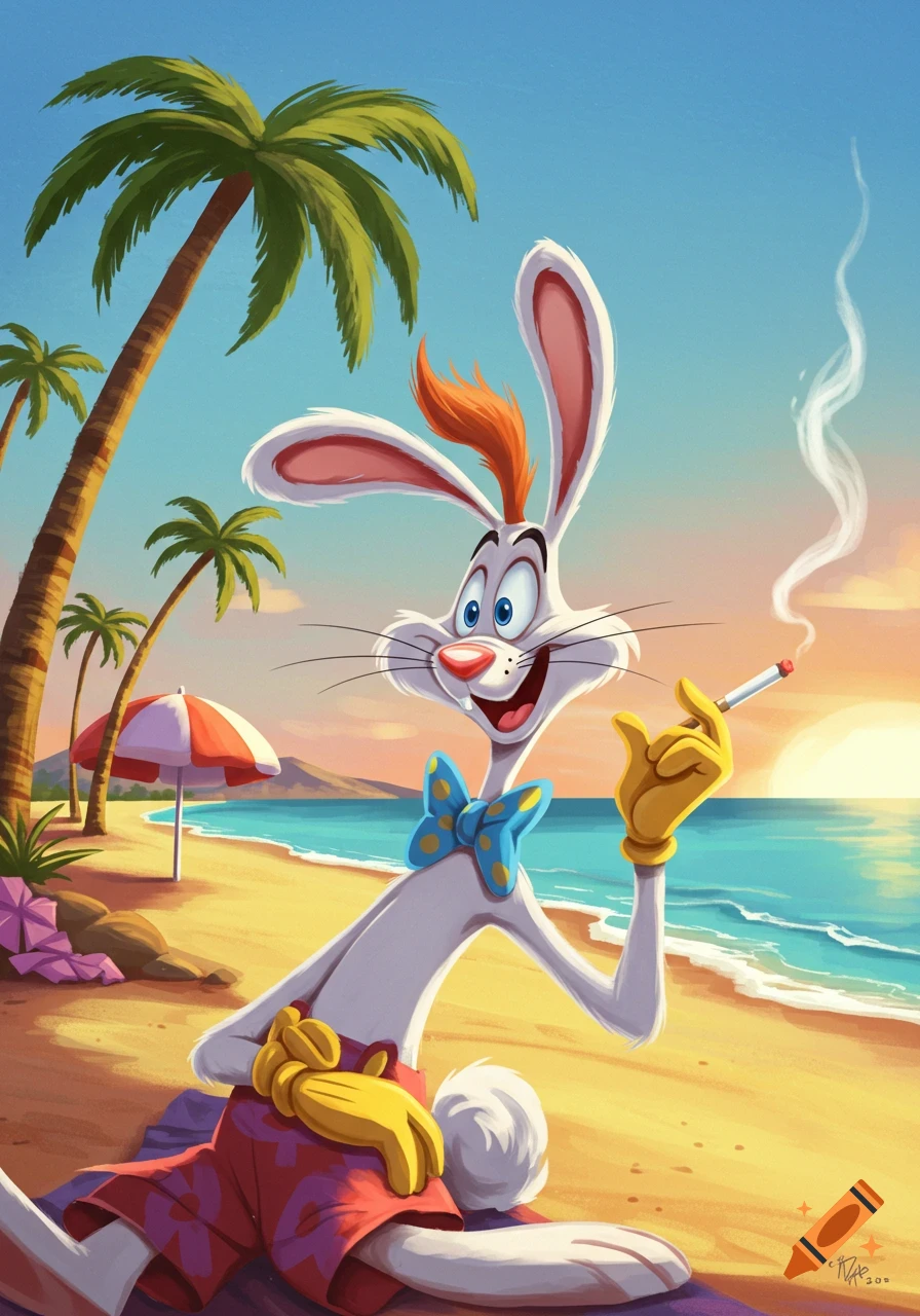 Roger Rabbit lounges on a tropical beach at sunset, smoking a cigarette ...