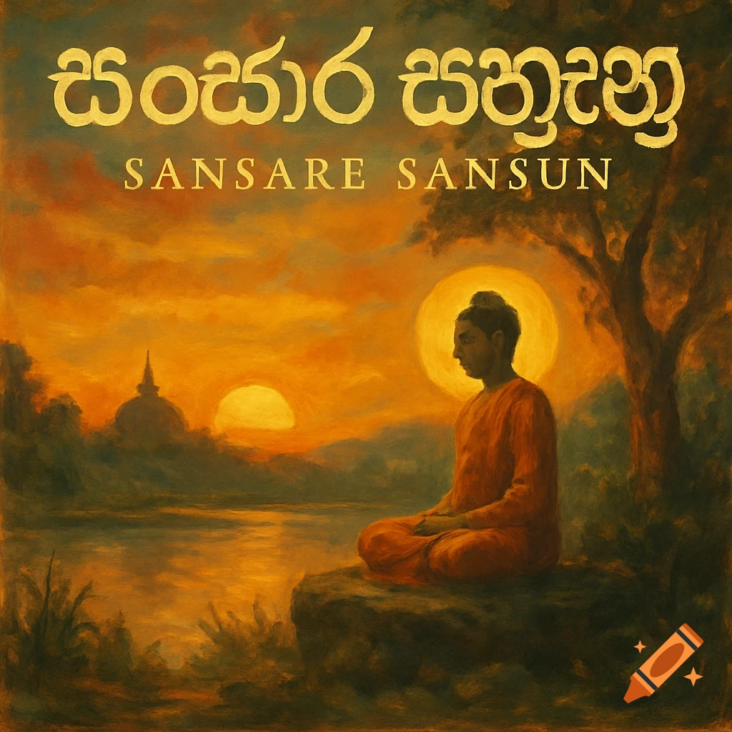 Painterly image of a meditating Buddha with a halo, by a lake at sunset ...