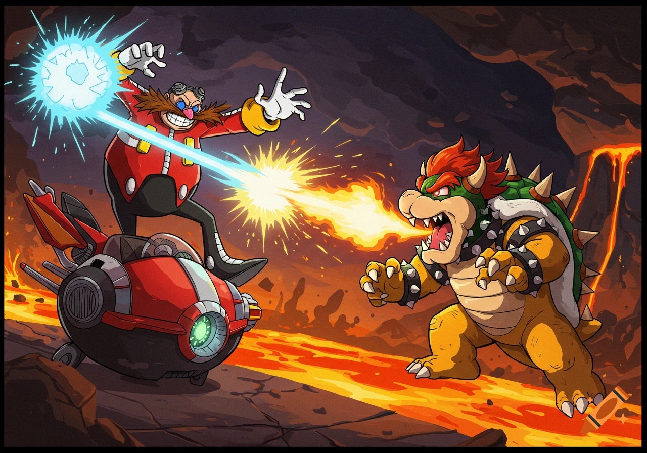 Cartoon Eggman on Eggmobile fires energy at Bowser, who breathes fire ...