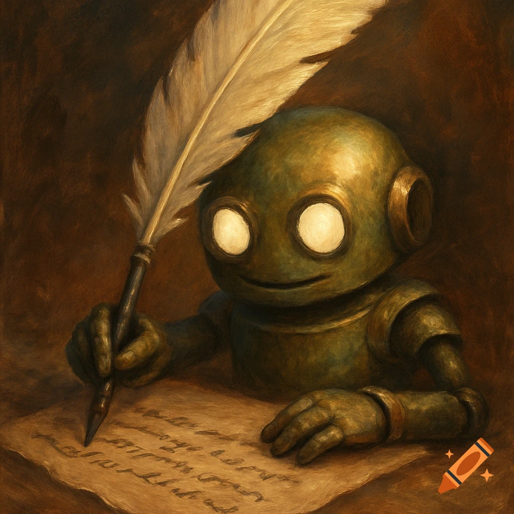 A small green robot with glowing eyes writes on parchment with a quill ...