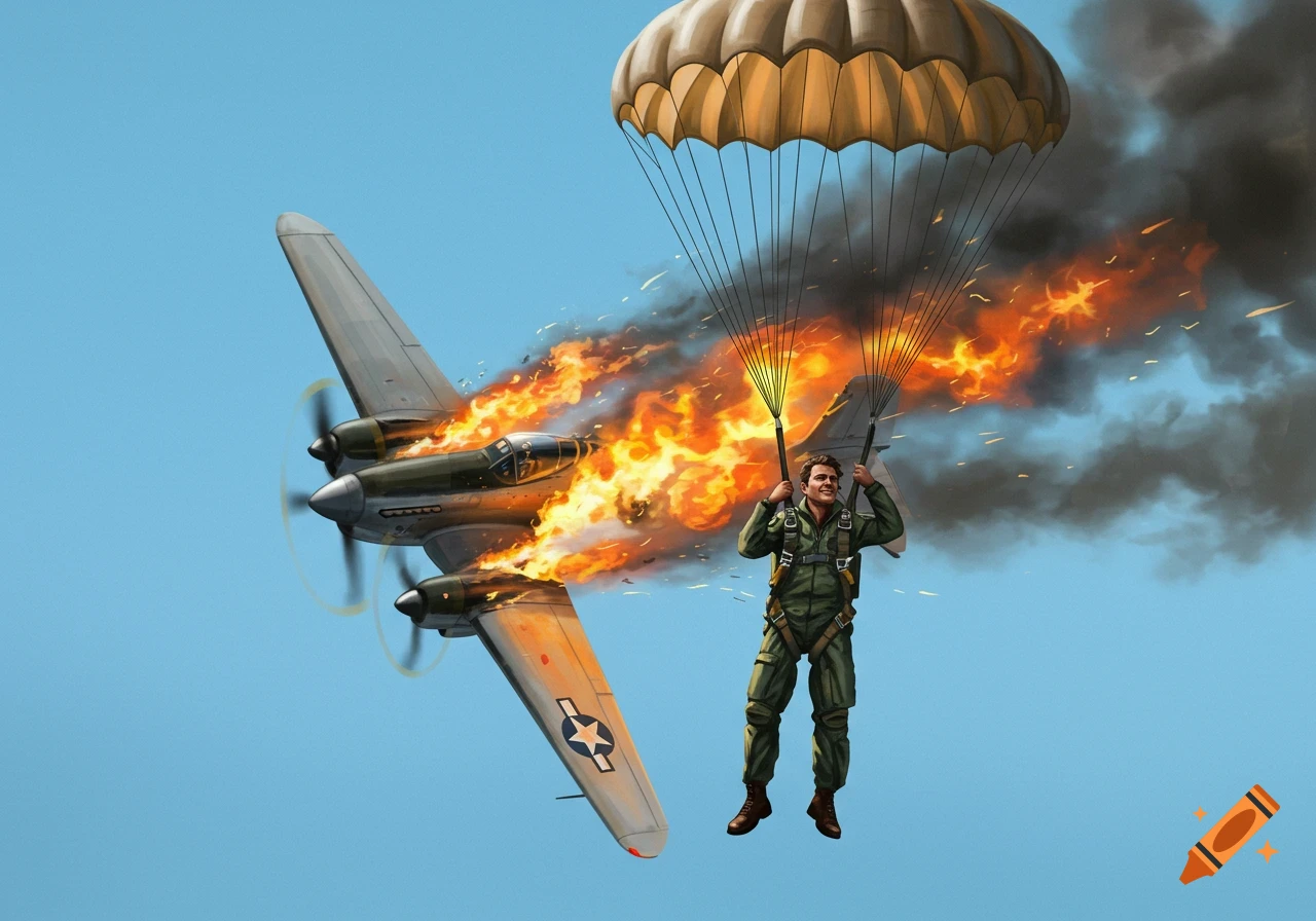 A pilot parachutes from a burning WWII-era fighter plane in a clear ...