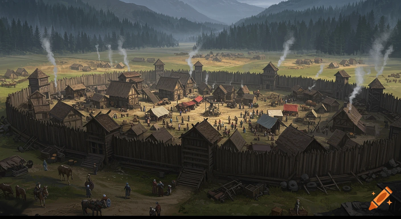 A detailed medieval village with wooden palisade walls in a green ...