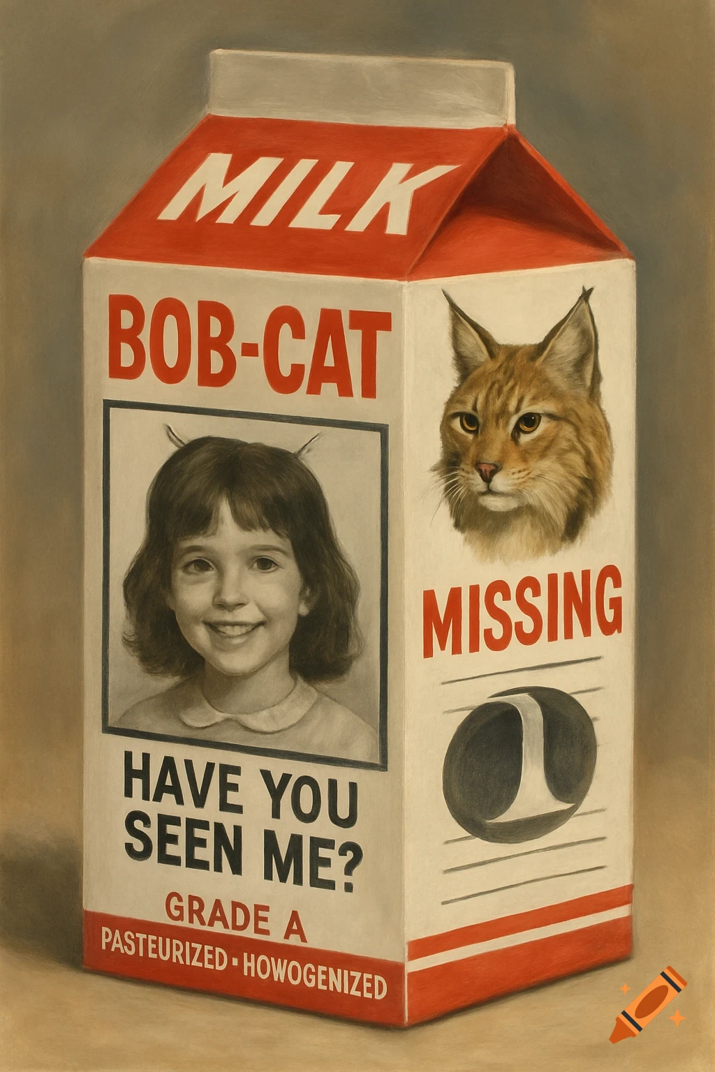 A painting of a milk carton, labeled 'BOB-CAT MILK,' featuring a ...