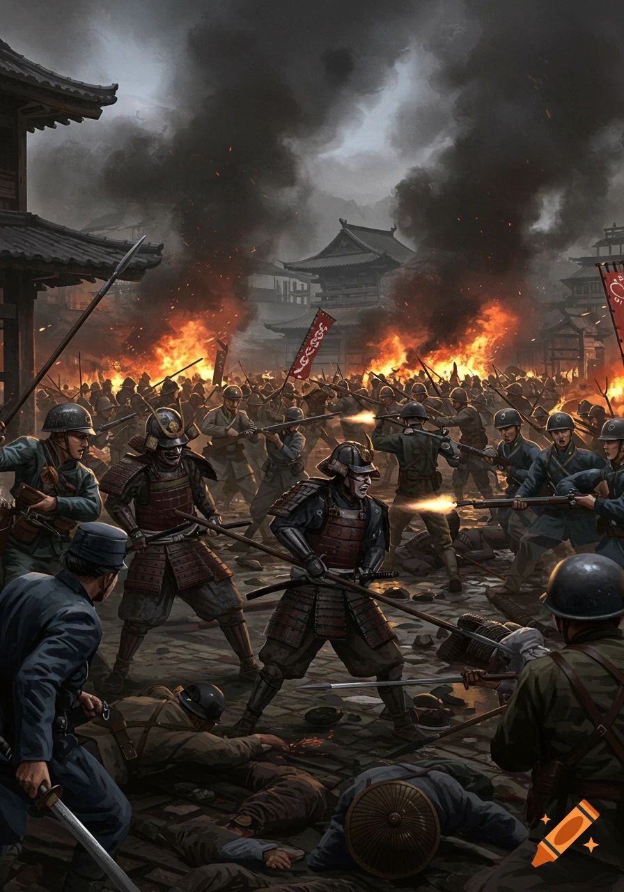 A fierce historical battle scene with samurai and soldiers fighting ...