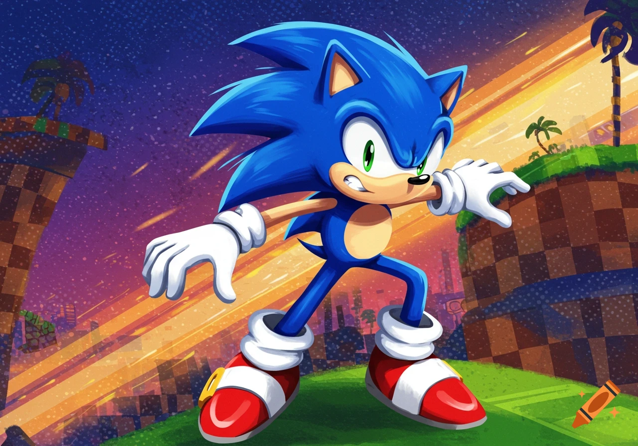 Sonic the Hedgehog in a dynamic pose on a green checkered hill under a ...